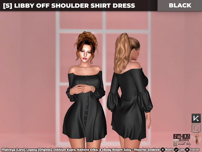 Second Life Marketplace - [S] Libby Off Shoulder Shirt Dress Black